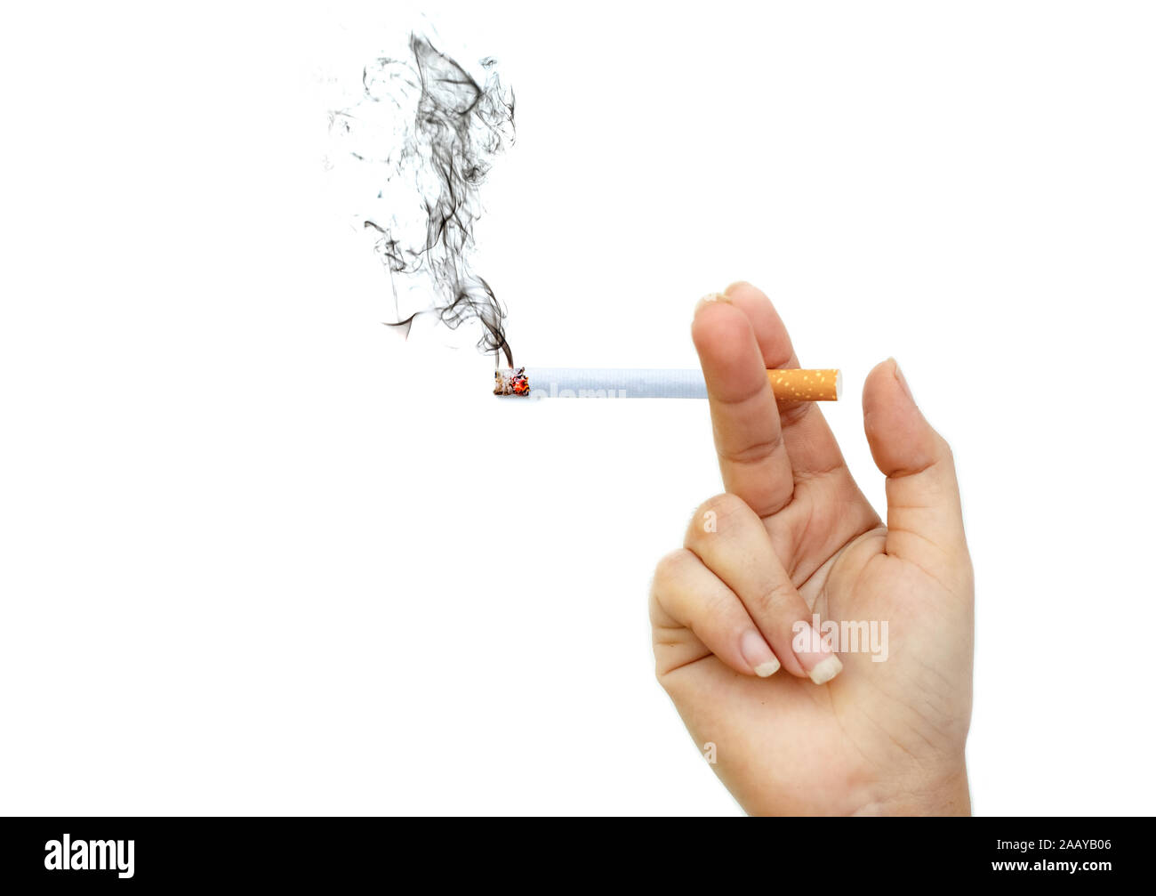 Image Of Cigarette Burns With Smoke In Ladys Hand At Isolated White