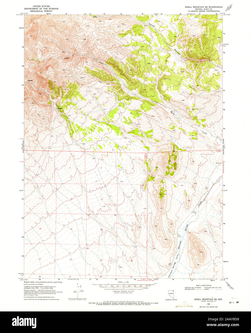 USGS TOPO Map Nevada NV Knoll Mountain SE 319186 1968 24000 Restoration ...