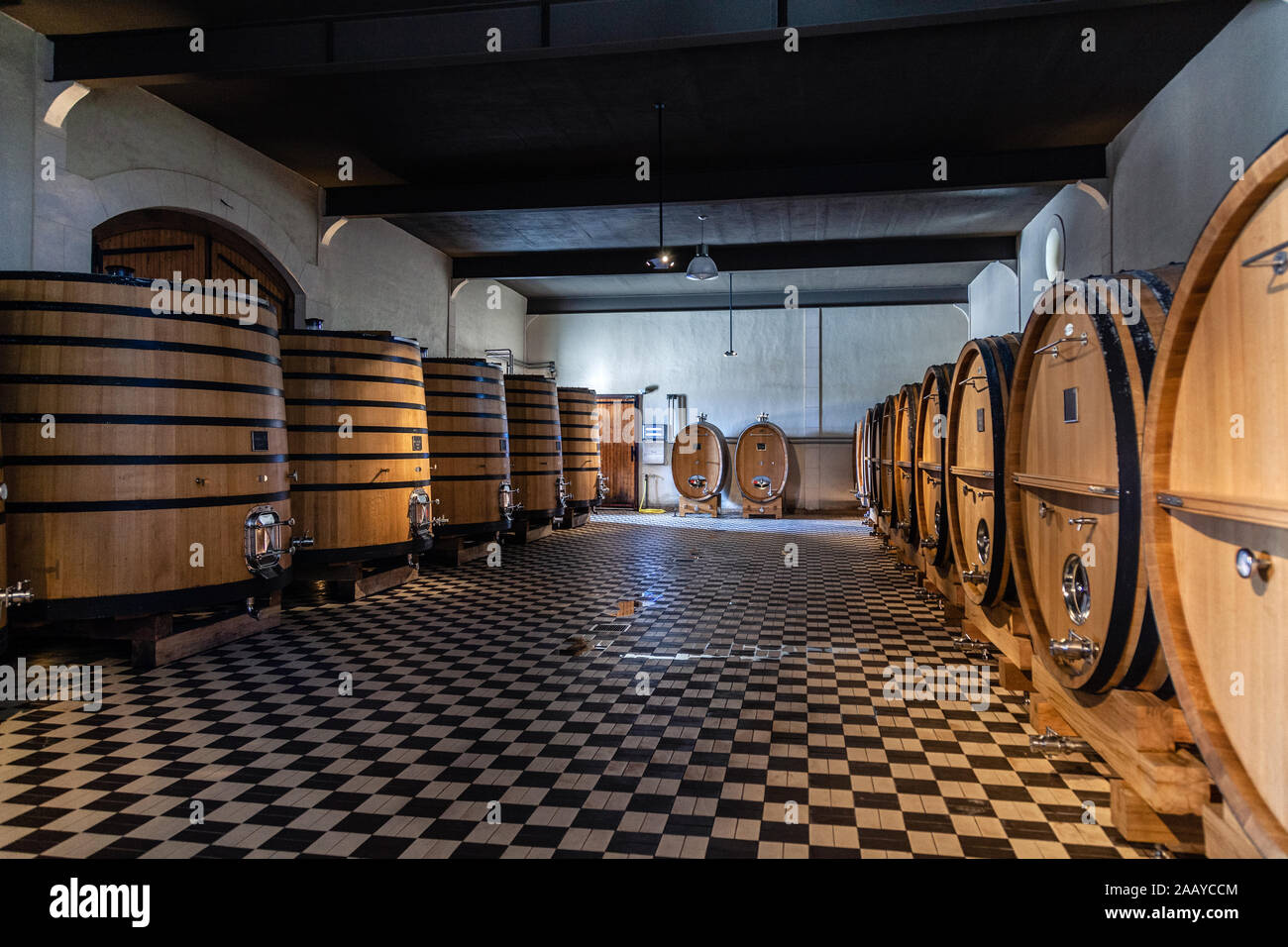 France Lyon 2019-06-21 stack of wooden barrels, aging, fermentation ...