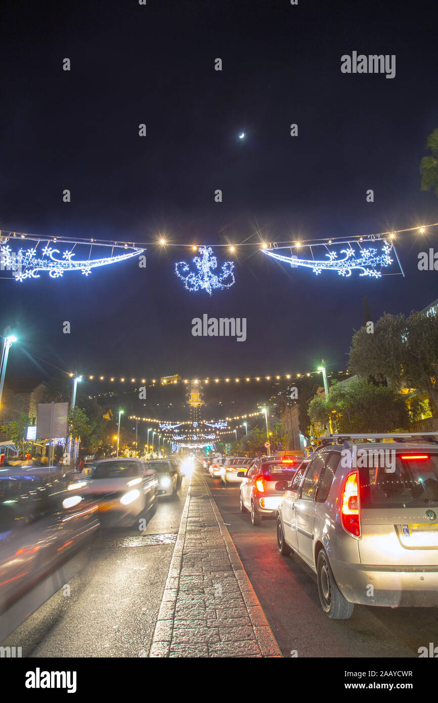 Main street of Haifa. Night scape Stock Photo - Alamy