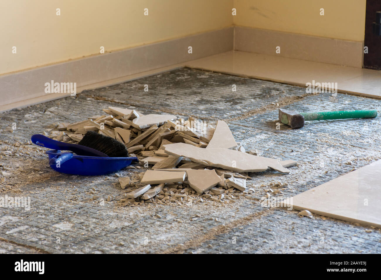 Home renovation of ceramic tiles in an entrance way. Breaking up the ...