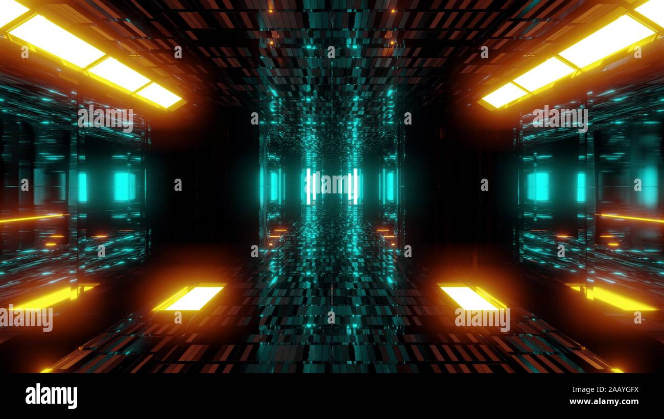 stylish scifi tunnel corridor with reflective bricks texture and ...