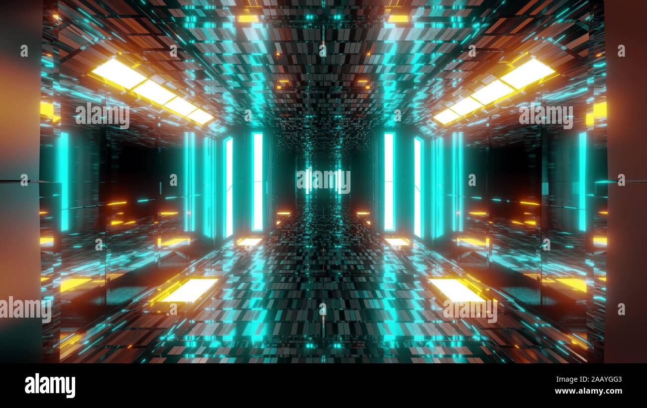 stylish scifi tunnel corridor with reflective bricks texture and ...