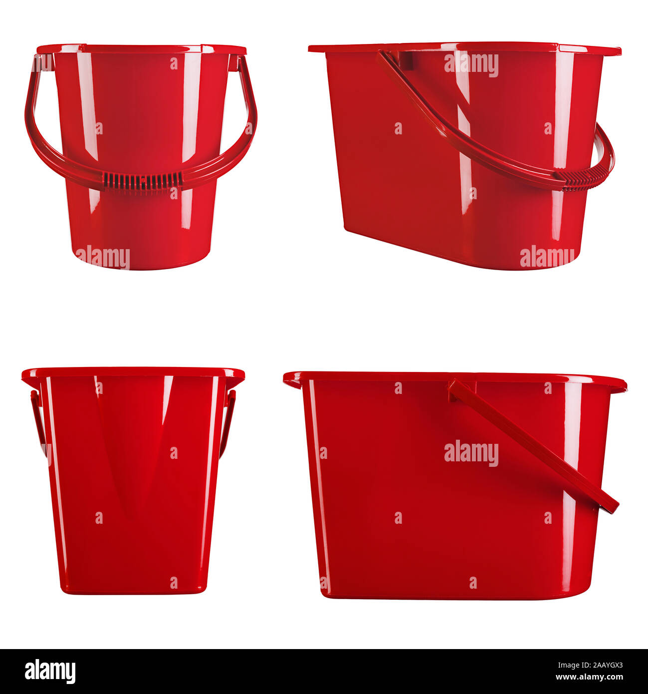 a red bucket for mopping a set from different angles. isolated on a ...