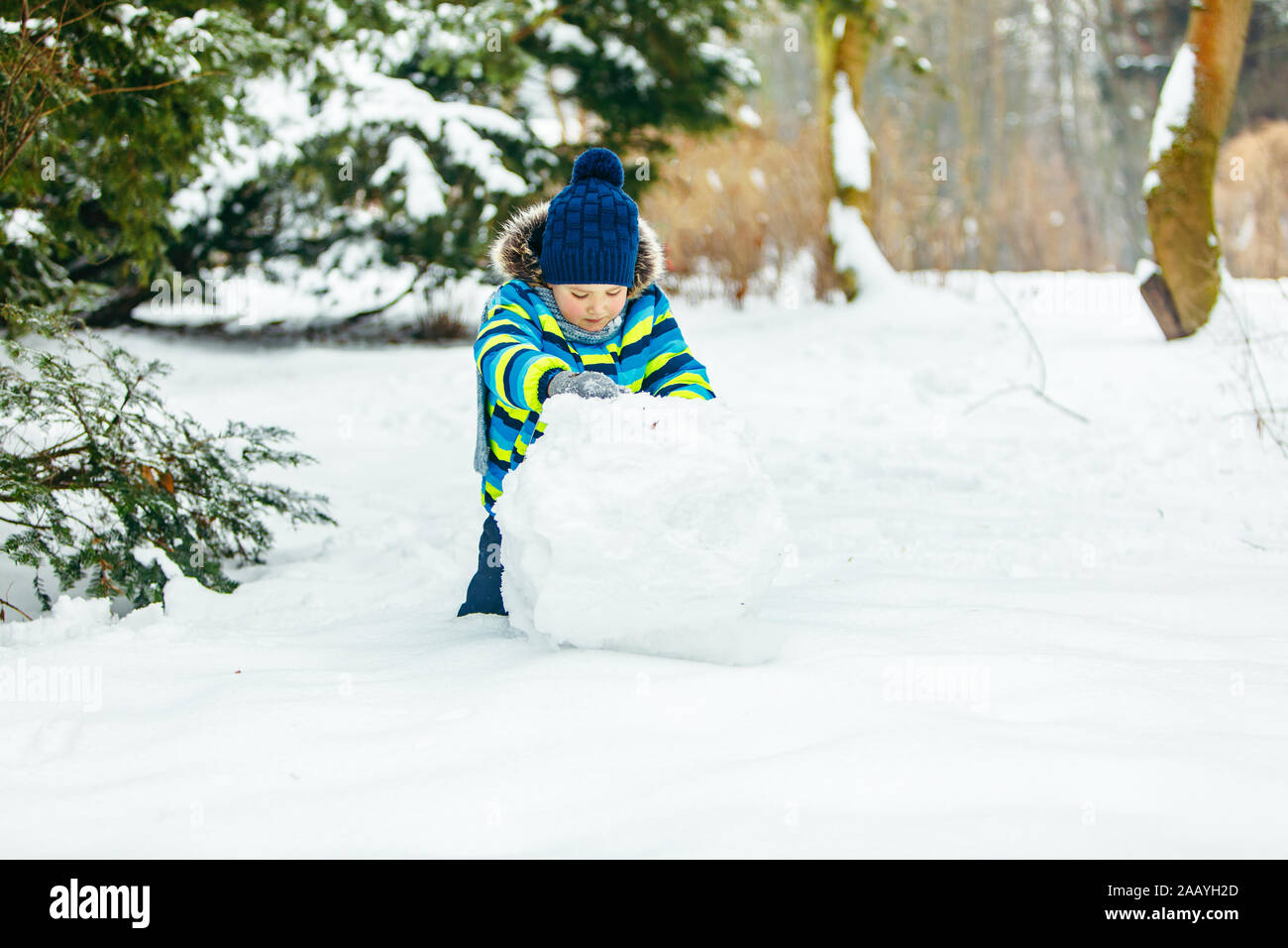 little cute boy making snowman. rolling big snowball Stock Photo - Alamy