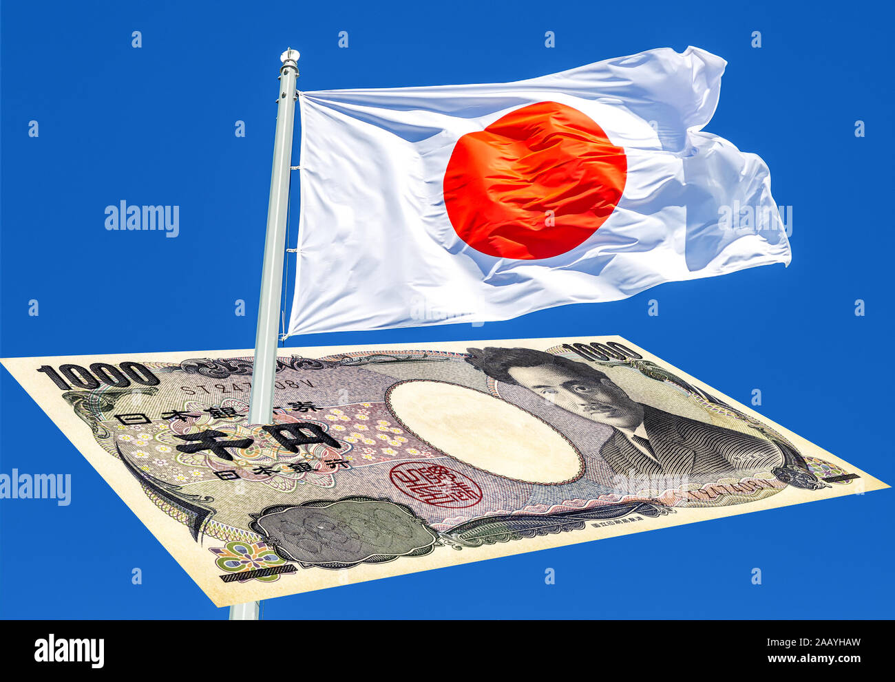 Flag of Japan and Japanese currency 1000 yen banknote Stock Photo - Alamy