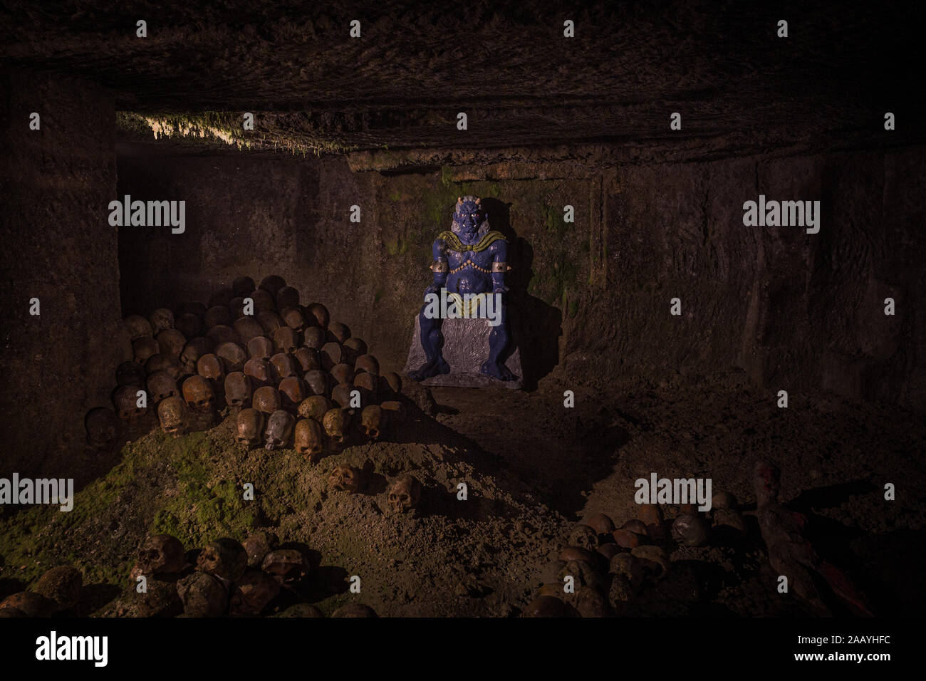 Tableau of hell, with demon and skulls, at Hanibe caves, Komatsu ...