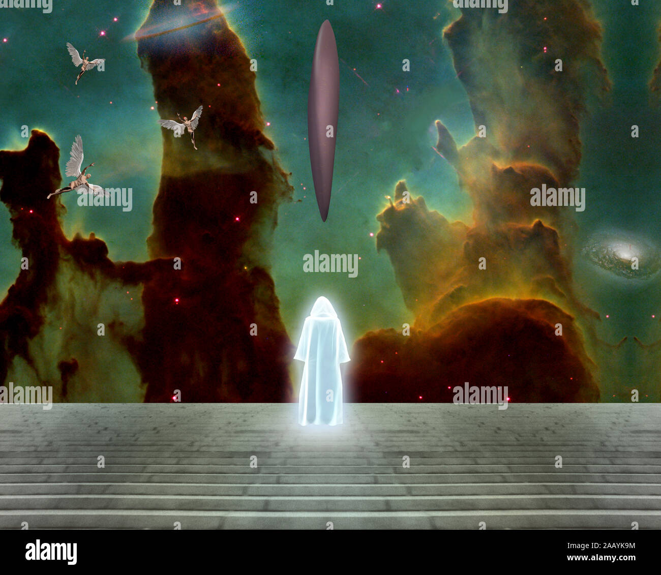 Surreal landscape. Shining human spirit and UFO. Spacecrafts and angels ...