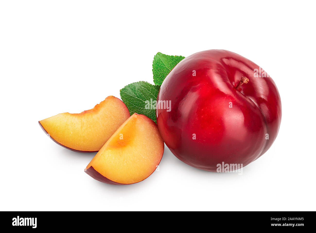 fresh red plum and slices with leaves isolated on white background ...