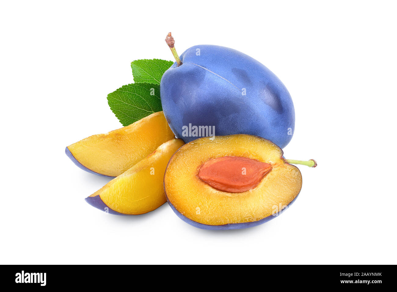 fresh blue plum and half with leaves isolated on white background Stock ...