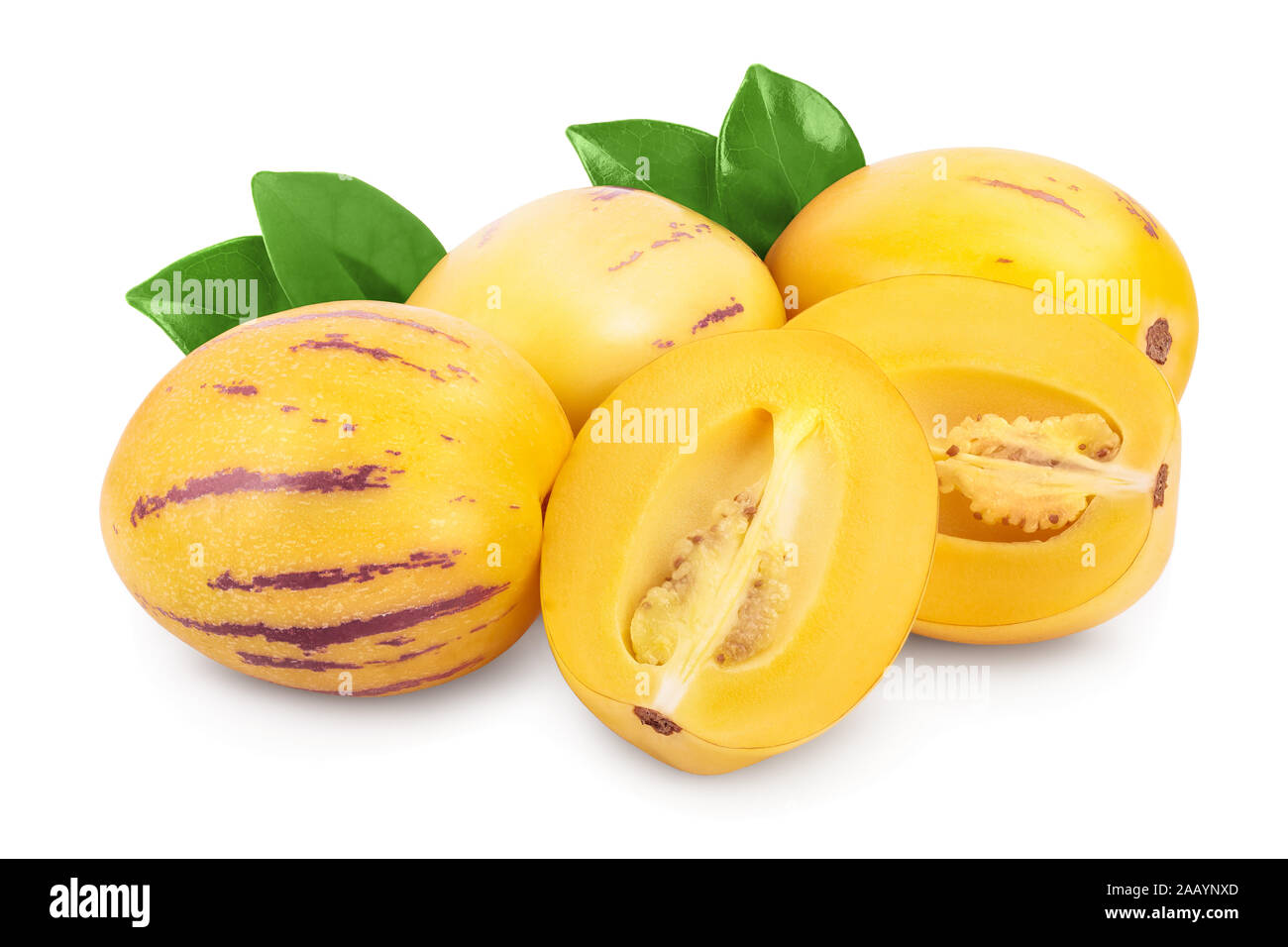 Fresh Pepino fruit with leaves isolated on white background Stock Photo ...