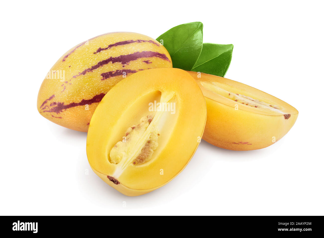 Fresh Pepino fruit with leaves isolated on white background Stock Photo ...