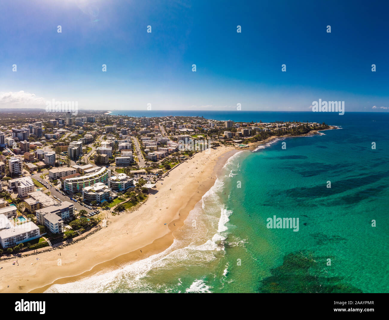 Aerial drone panoramic image of ocean waves on a busy Kings beach ...
