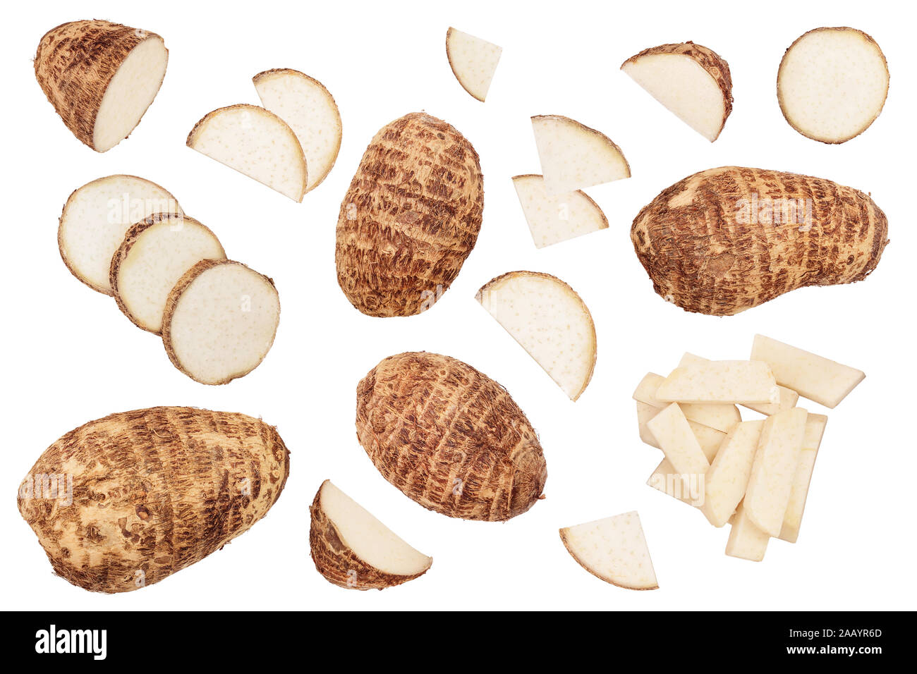 fresh taro root isolated on white background. Top view. Flat lay. Set ...