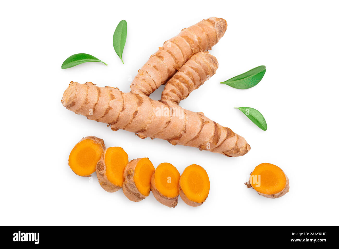 turmeric root and slices isolated on white background. Top view. Flat ...