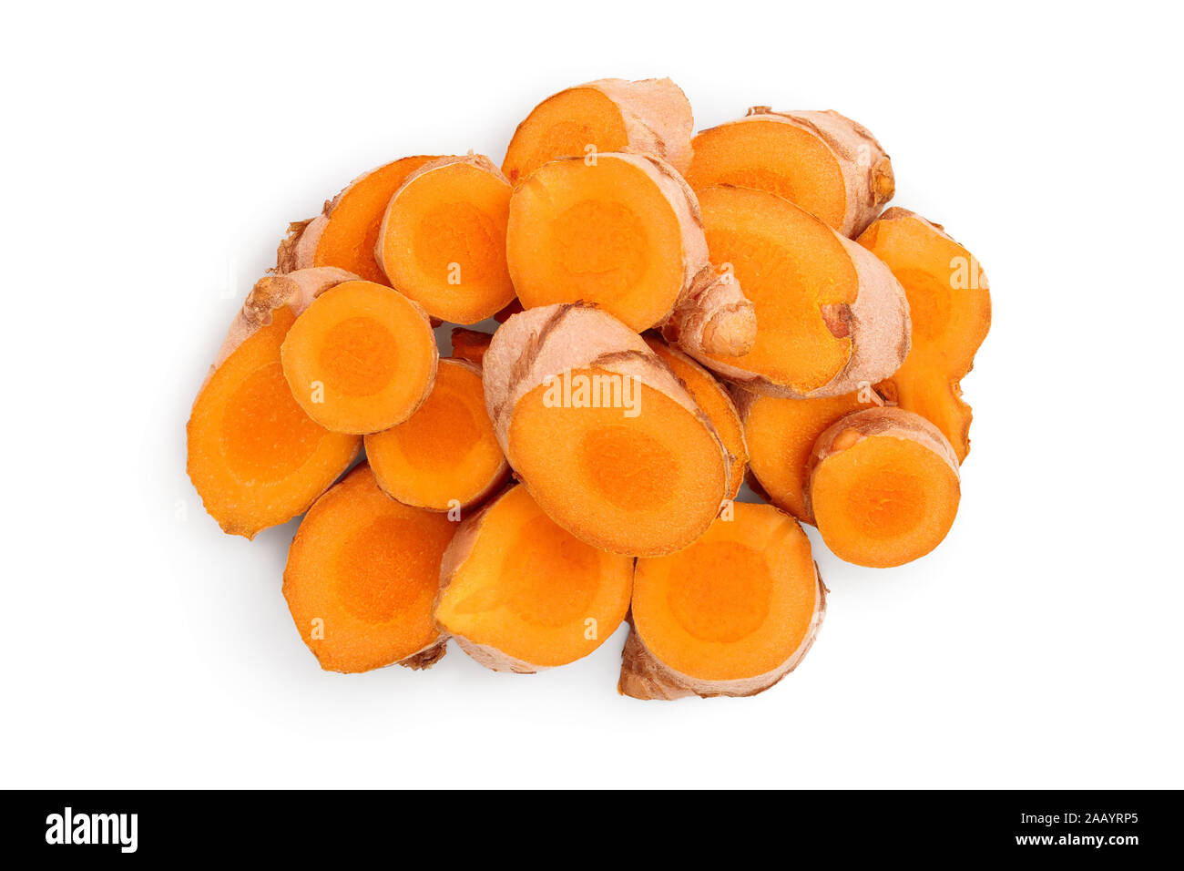 turmeric root slices isolated on white background. Top view. Flat lay ...