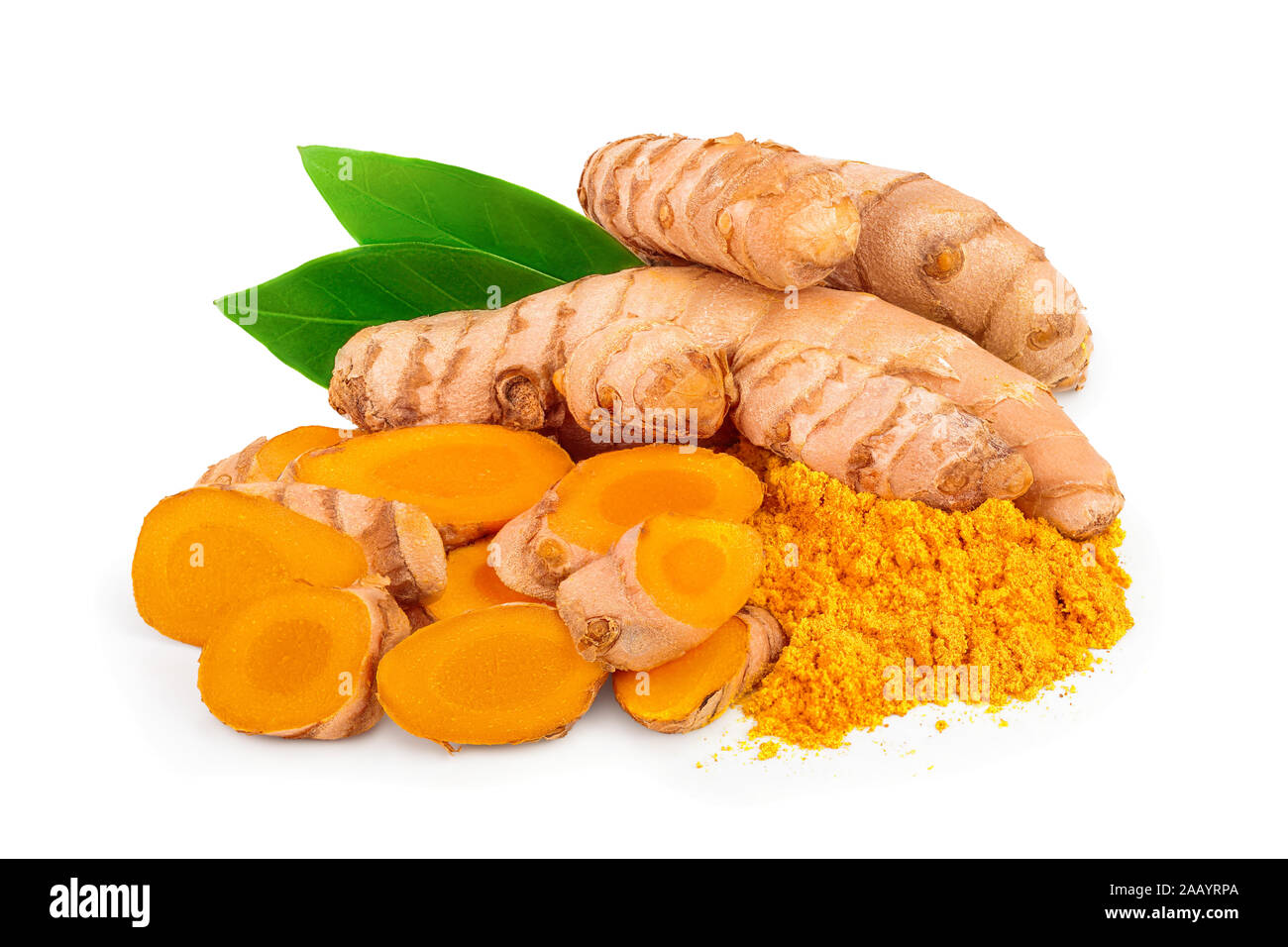 turmeric root and powder isolated on white background close up Stock ...