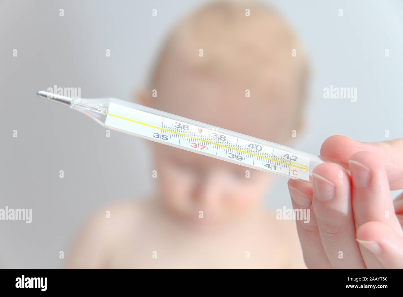 Photo of the One year old sick baby boy with high temperature at the ...