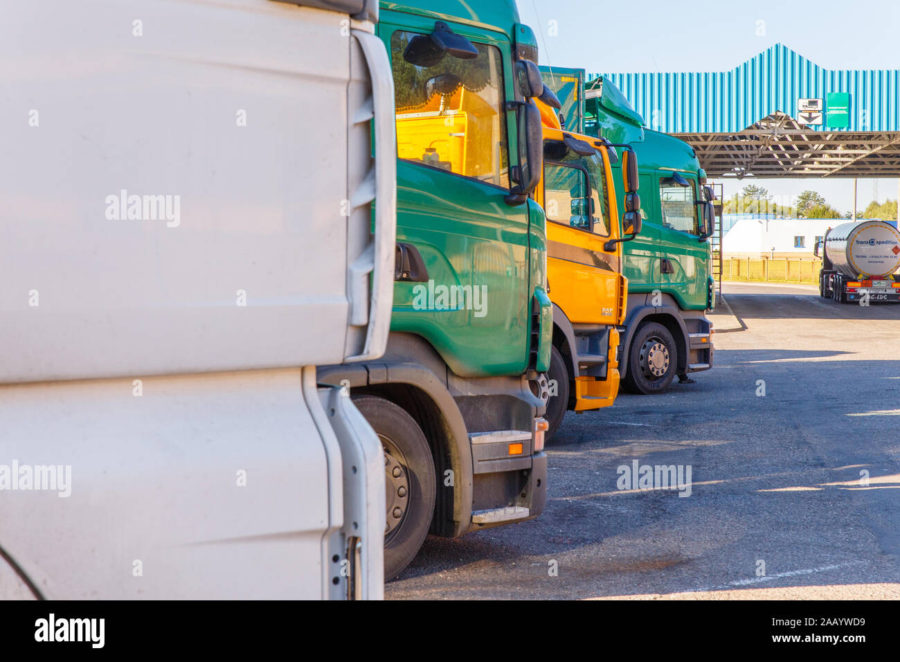 Lorry trucks cars in traffic jam at border zone custom in checkpoint ...