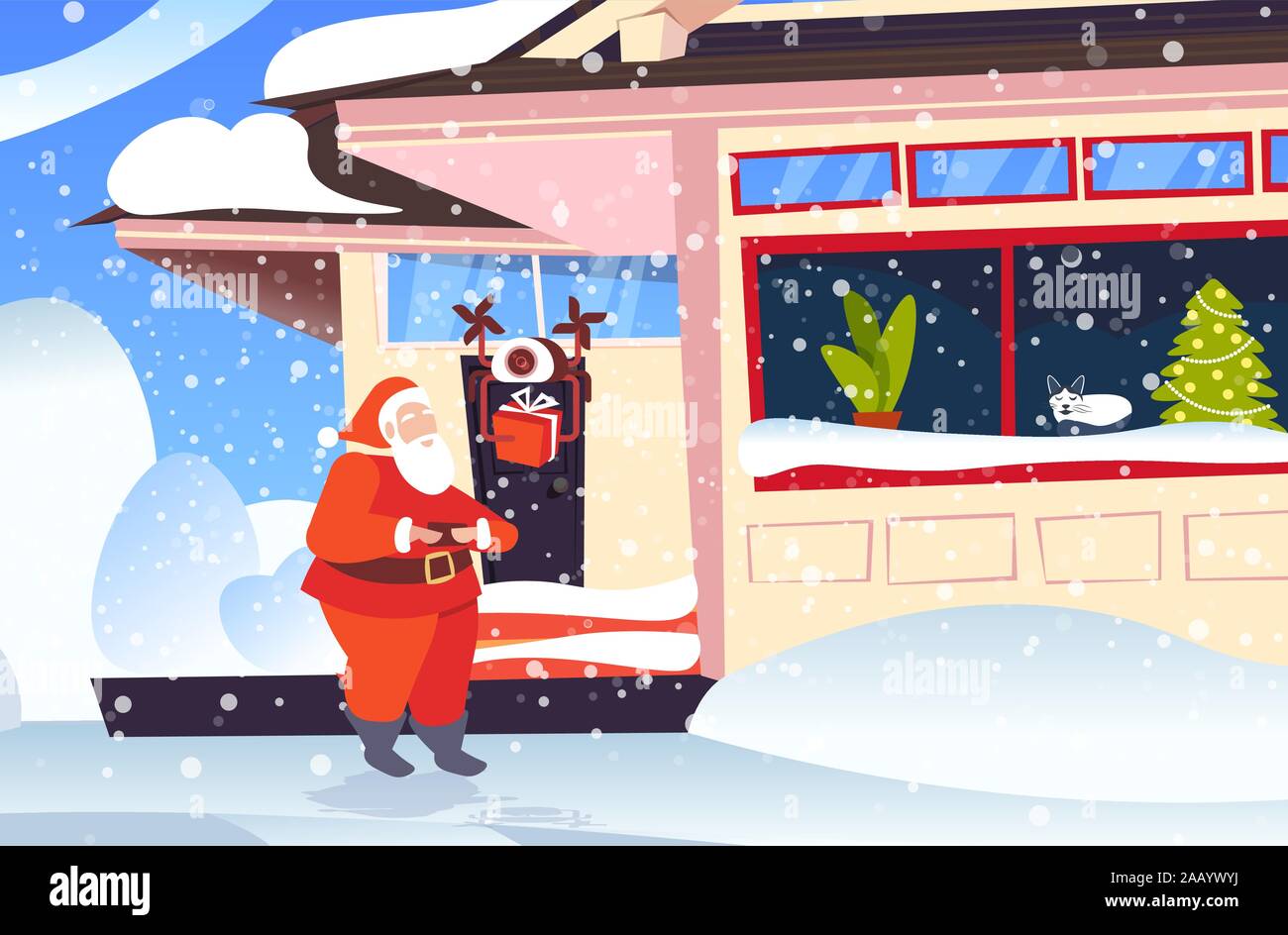 santa claus using remote control operating drone with gift box near ...