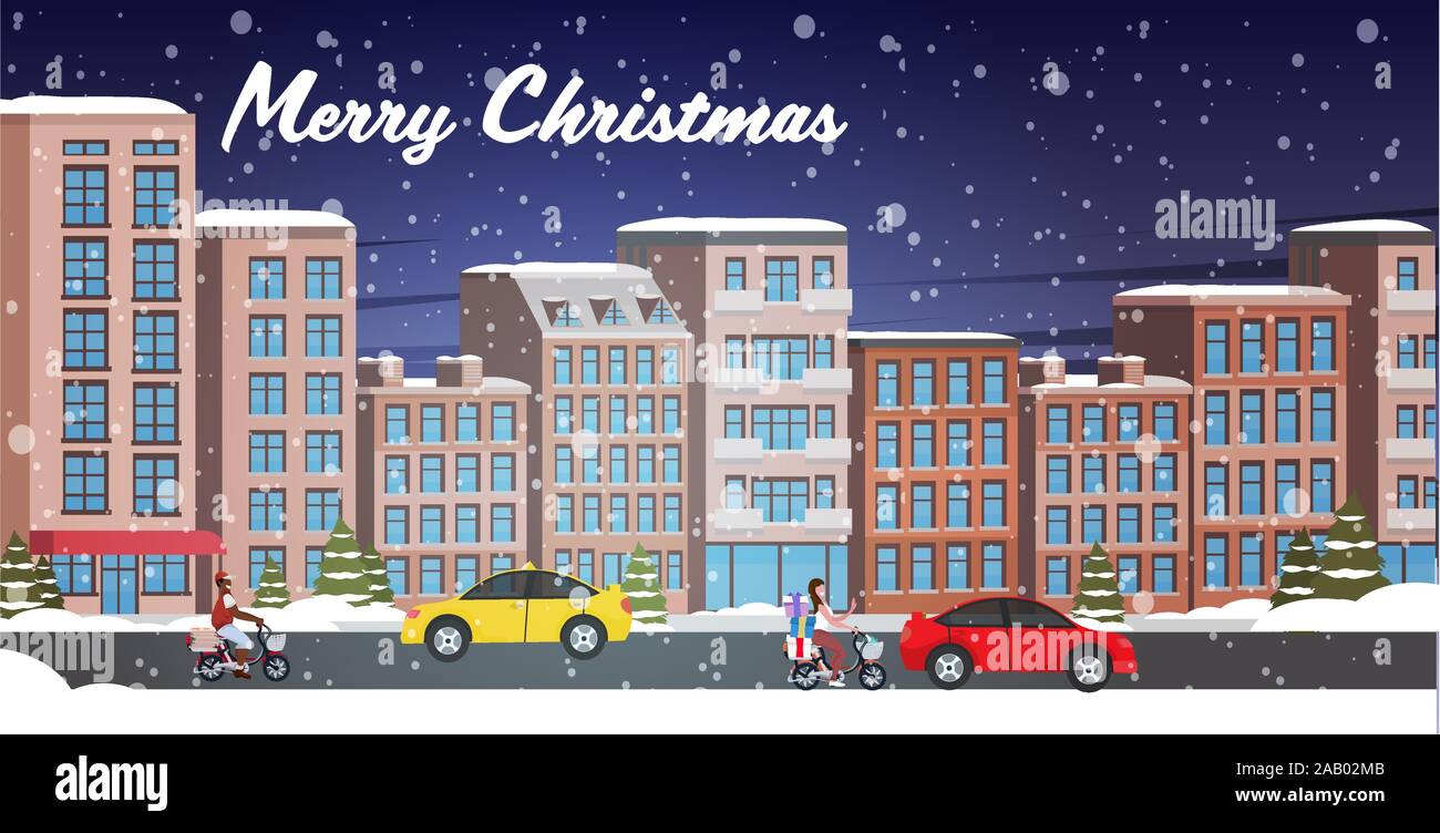 cars and scooters driving asphalt road snowy town street winter city ...