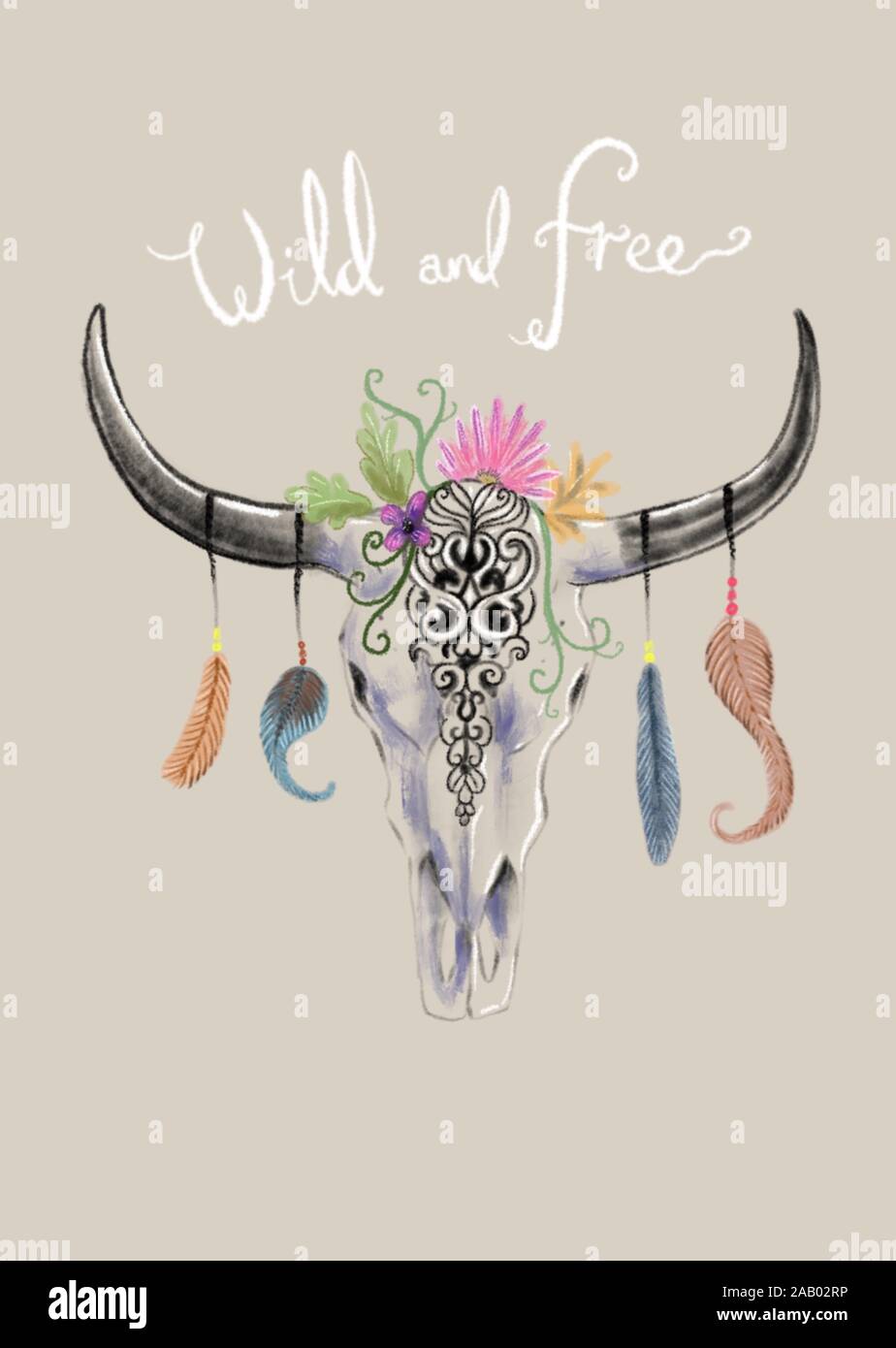 wild and free ethnic bohemian steer skull trendy art Stock Photo - Alamy