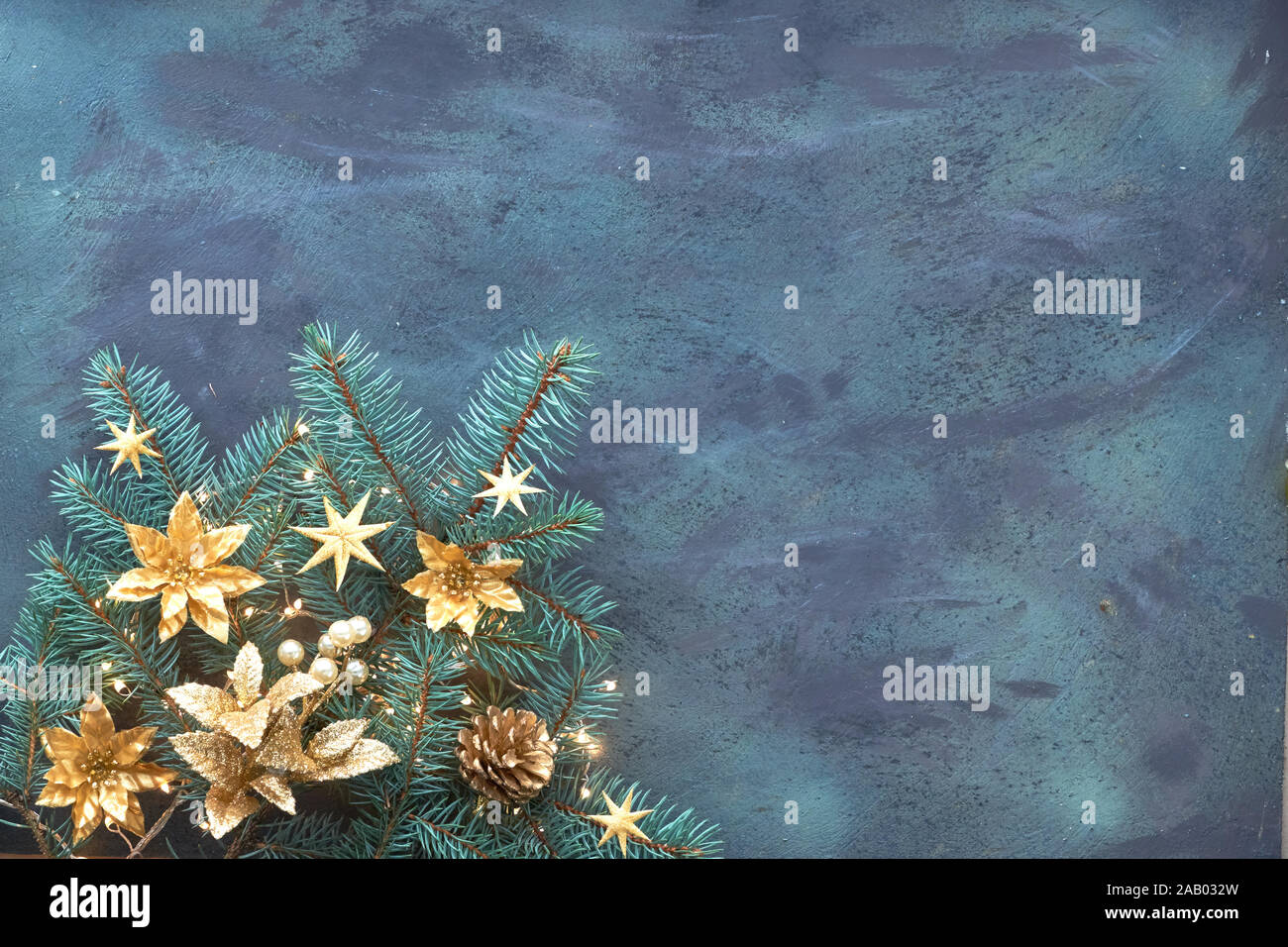 Christmas or New Year flat lay background on textured board with text ...
