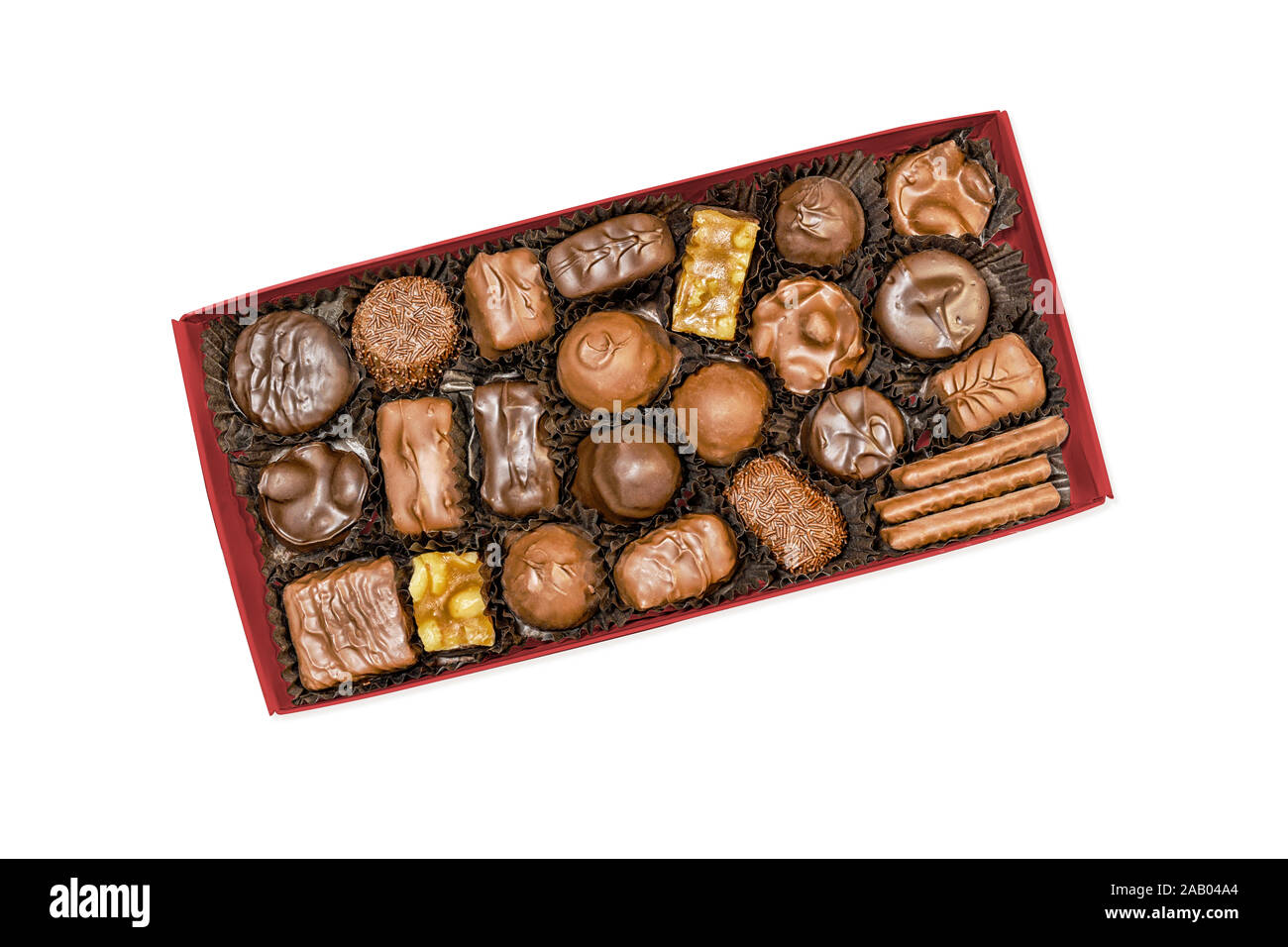 Box of assorted chocolate candies, view from above, isolated on white ...