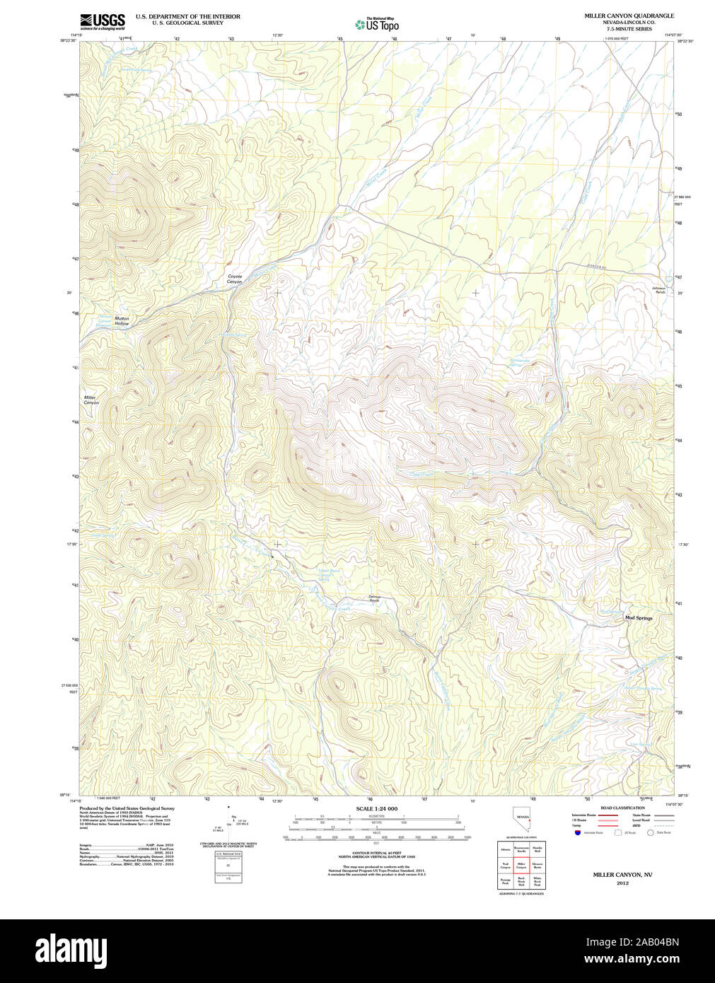 USGS TOPO Map Nevada NV Miller Canyon 20120124 TM Restoration Stock ...