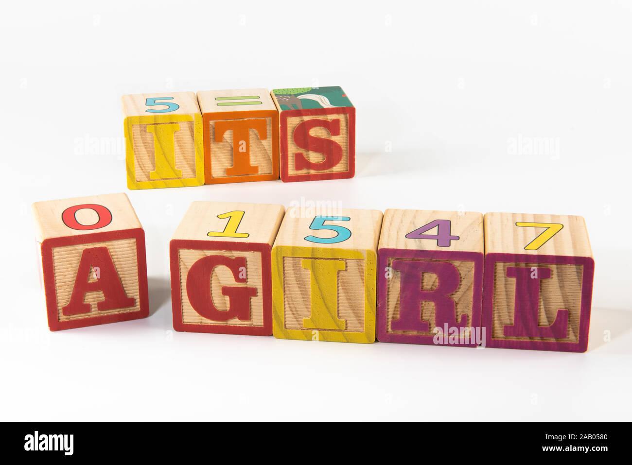 A child's alphabet toy spelling word block set, spelling out the words ...