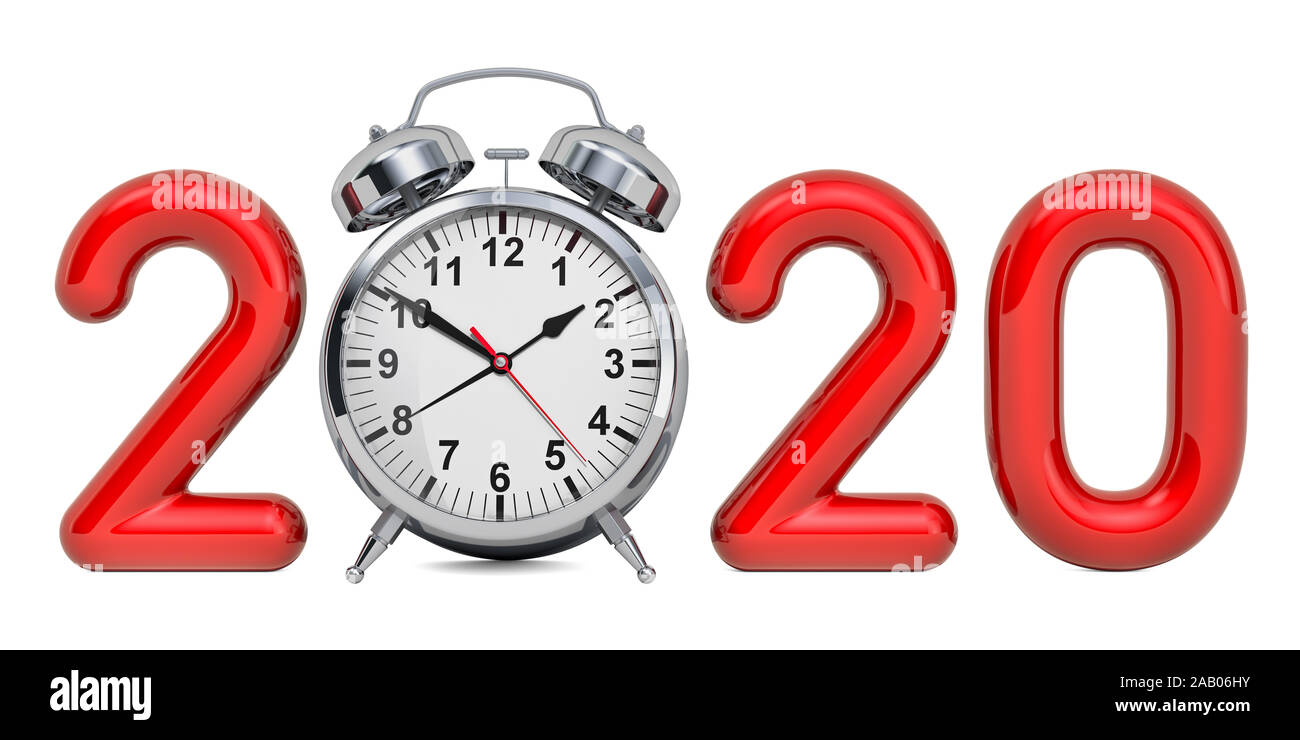 2020 concept with alarm clock, 3D rendering isolated on white ...