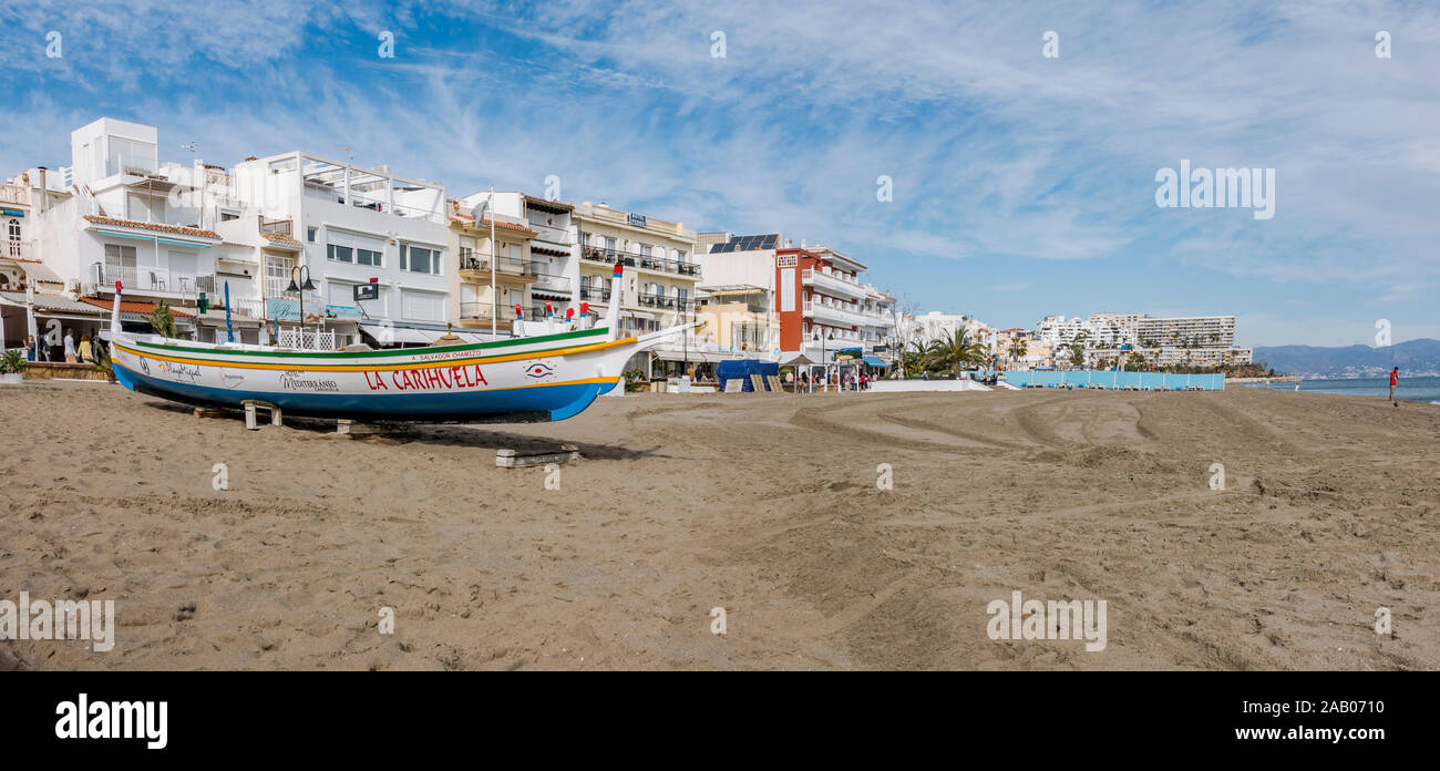 Old traditional spanish rowing Boat (Jabega) on the beach of Carihuela ...