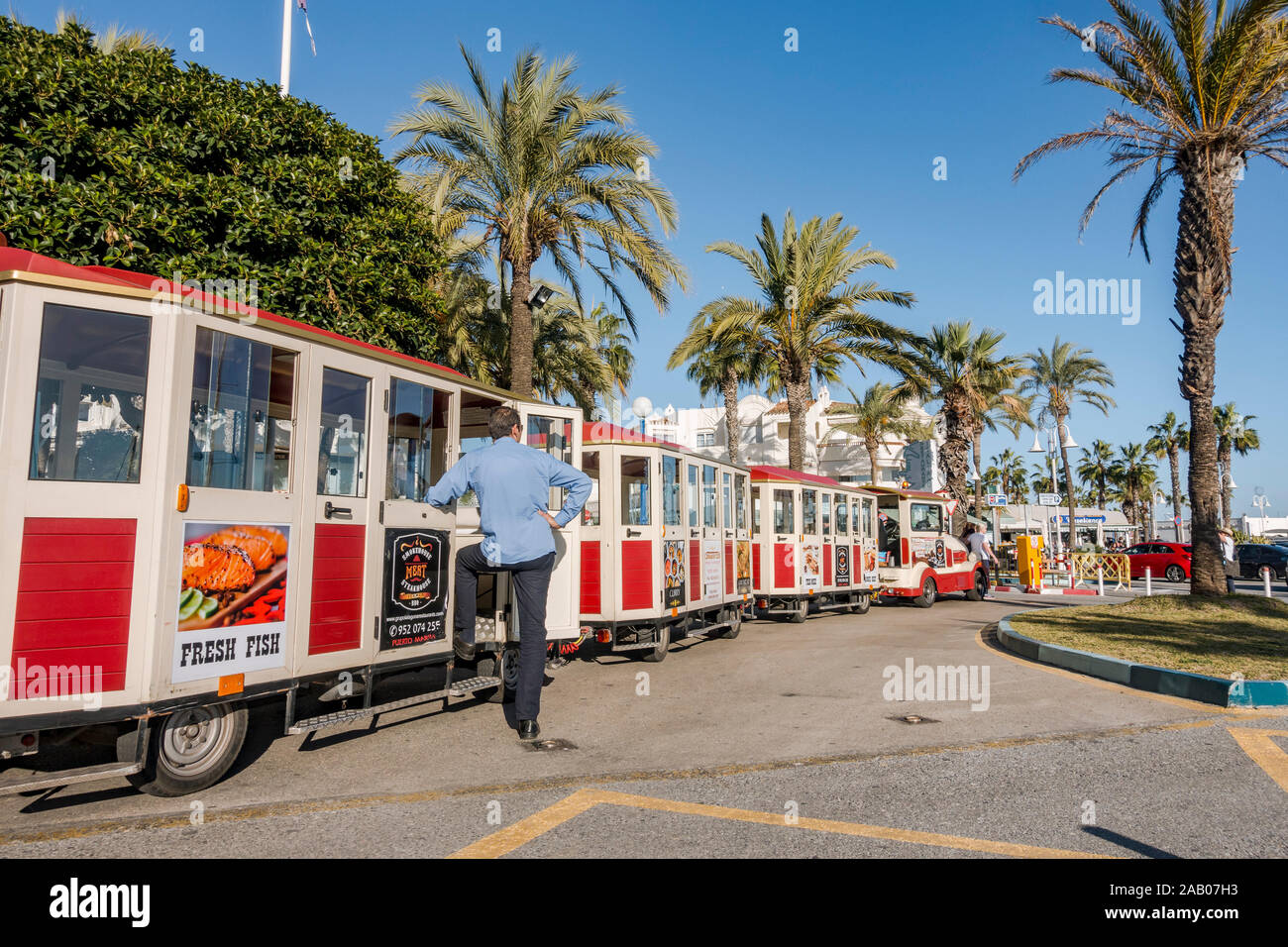 Tourist train in Benalmadena port, Costa del Sol, Spain Stock Photo - Alamy