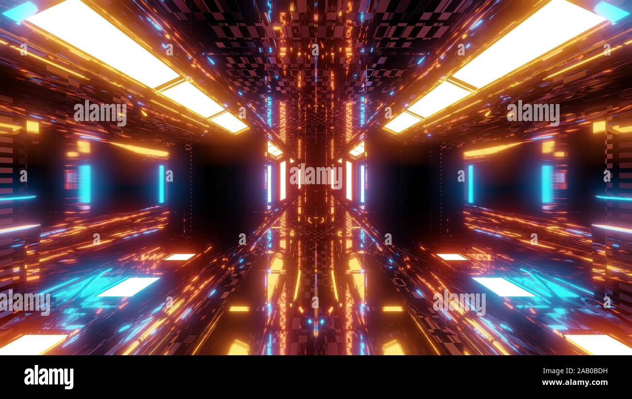 endless reflective textured tunnel corridor with glowing lights 3d ...