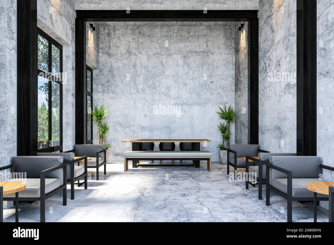 Interior of Stylish Modern Loft Cafe with Long Table, 3D Rendering ...