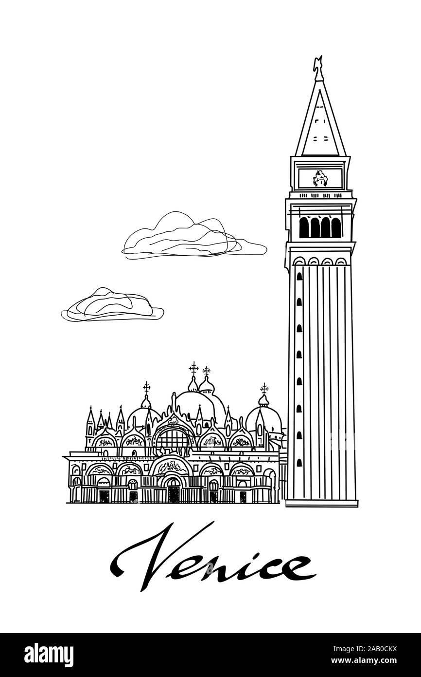 St Mark's Basilica and Campanile in Venice, Italy. Hand drawn sketch ...