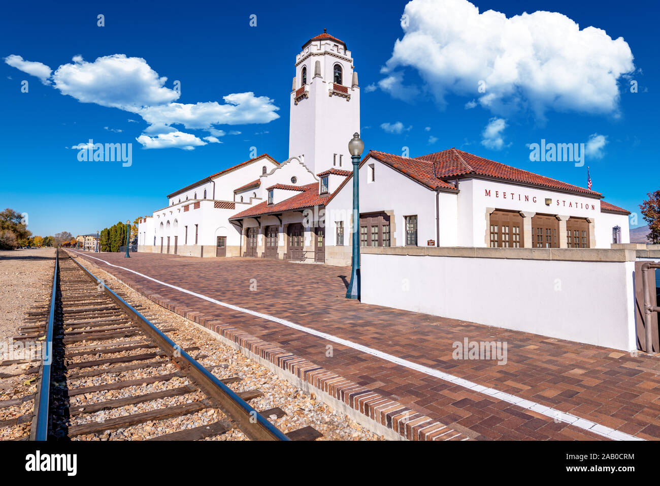 Train station and loading platform in Boise Idaho with blue sky and ...