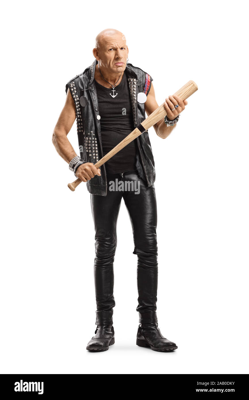 Full length portrait of a punker holding a bat isolated on white ...