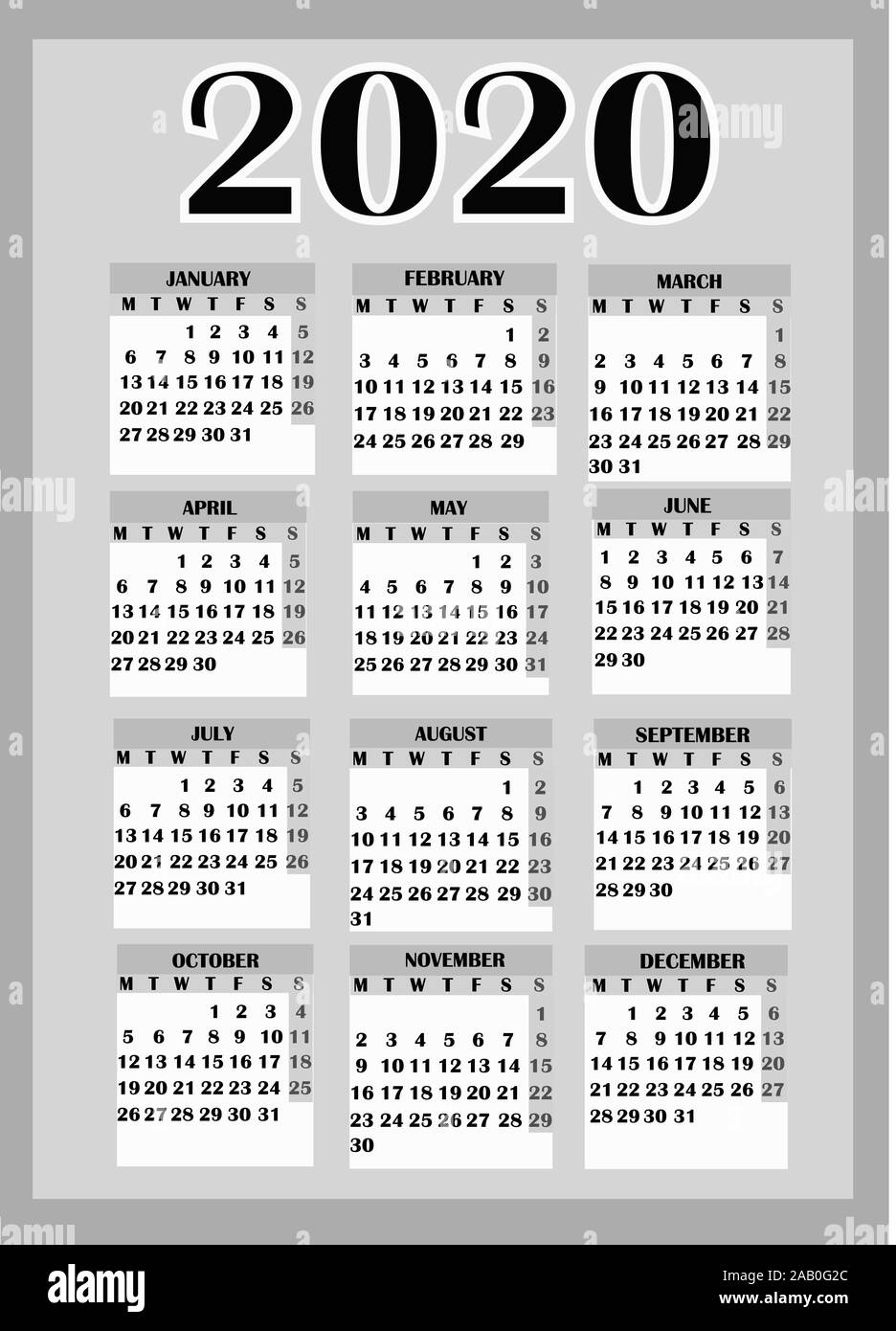 Year 2020 calendar. Simple design for calendar 2020. Calendar on White ...