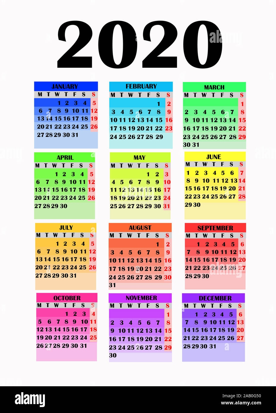 Year 2020 calendar. Colorful design for calendar 2020. Calendar on ...