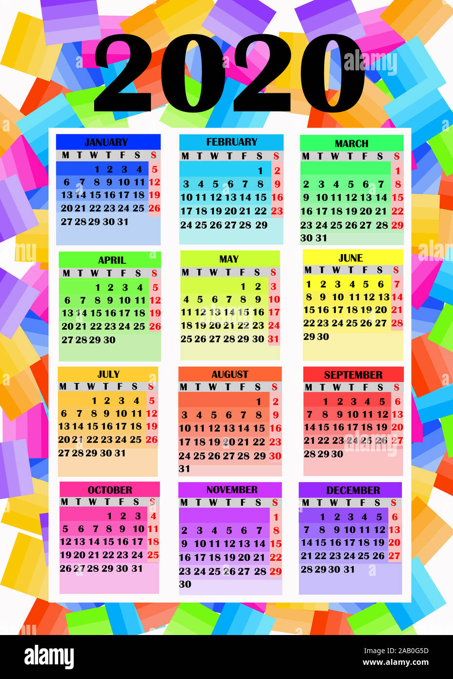 Year 2020 calendar. Colorful design for calendar 2020. Calendar for ...