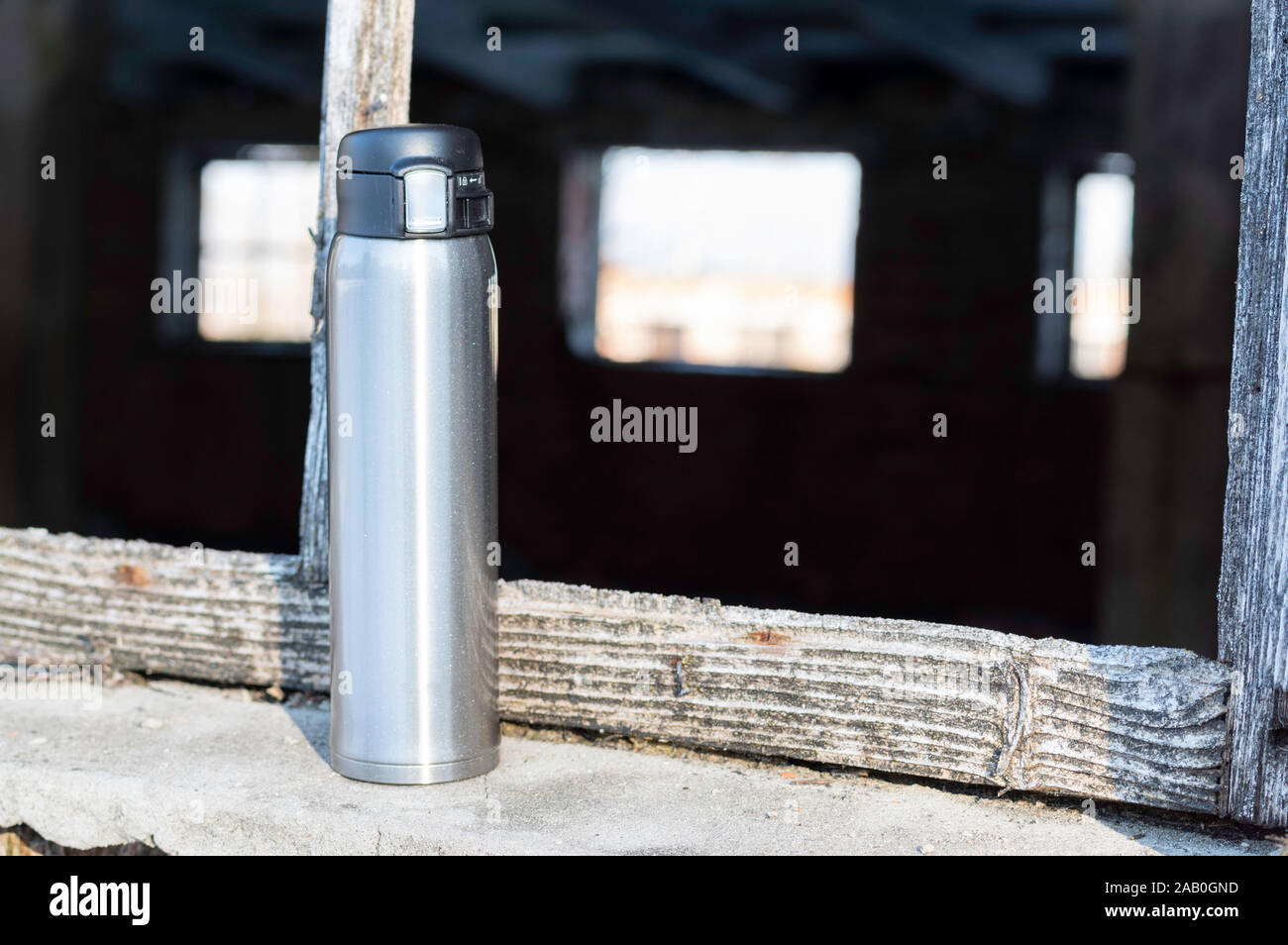 Steel bottle for saving boiling water. Thermal bottle steel. Front view ...