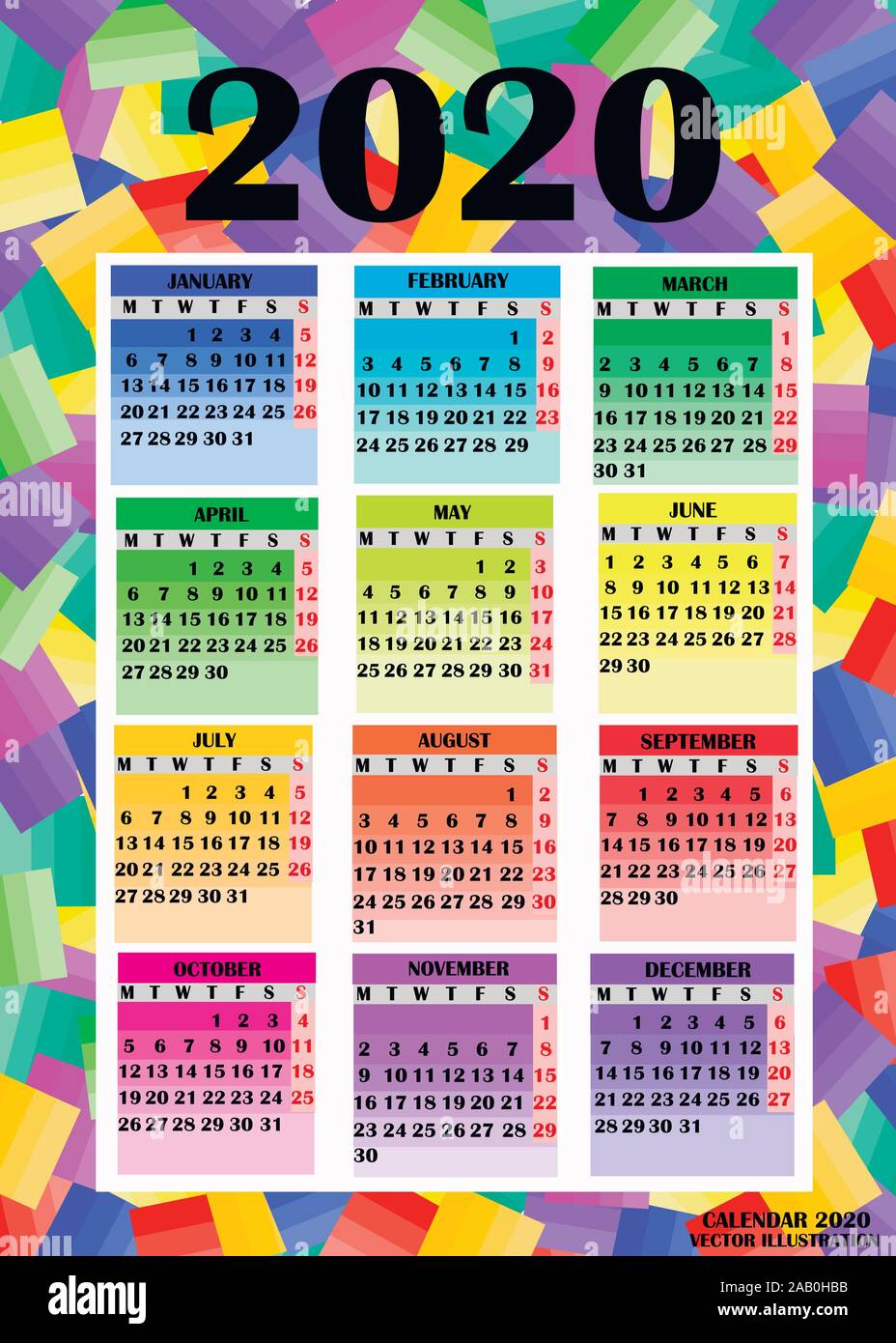 Year 2020 calendar. Colorful design for calendar 2020. Calendar for ...