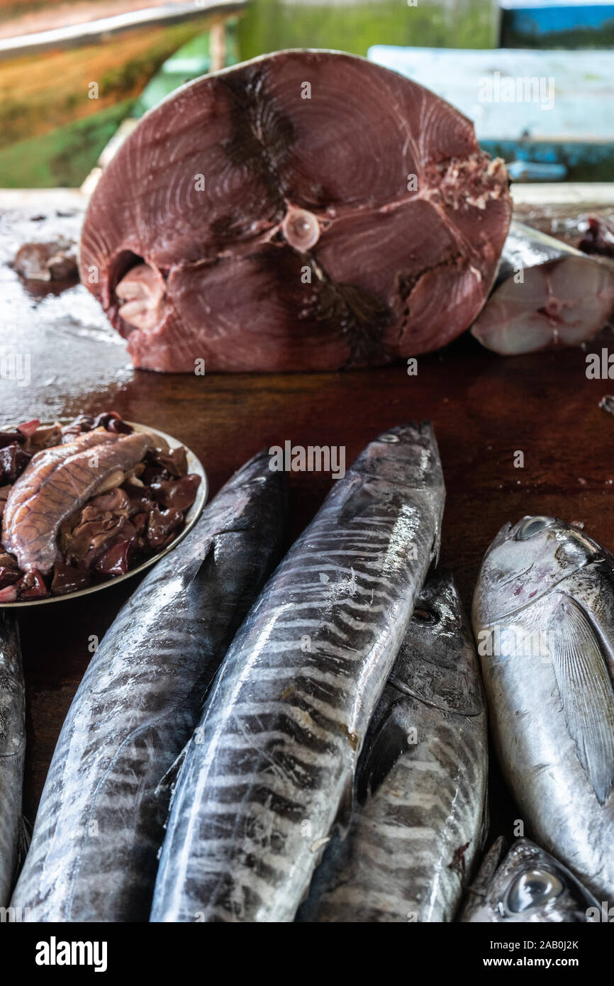 Table for cleaning fish and seafood. Sliced Bluefin Tuna Stock Photo ...