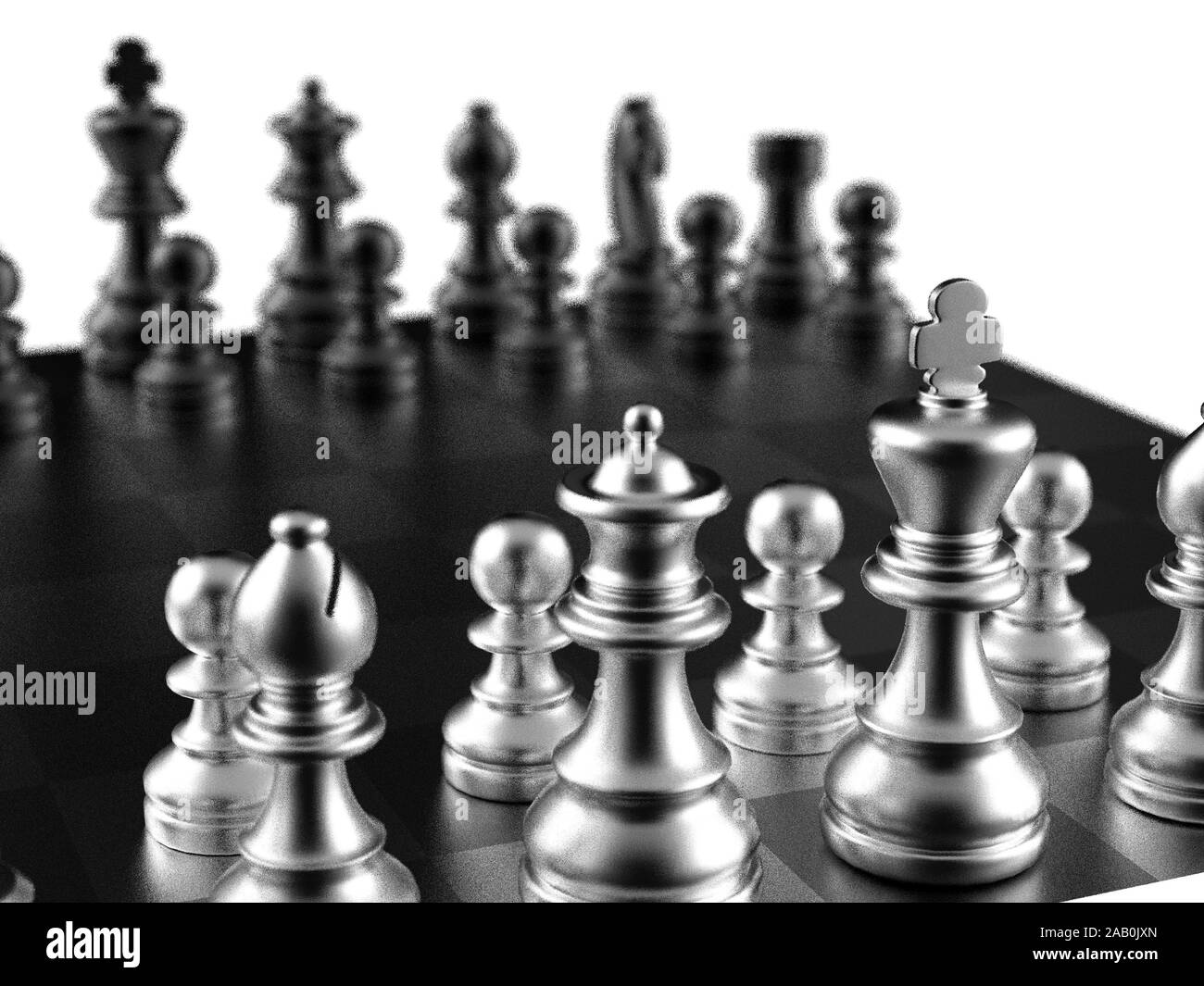 3d chess board white and black pieces chrome board on white background ...
