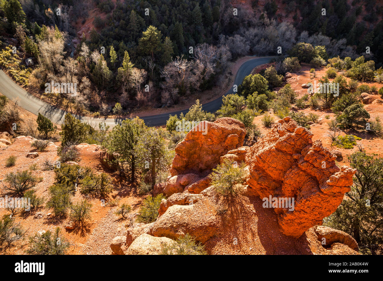 Overhead aerial view of winding canyon road through Southern Utah. the ...