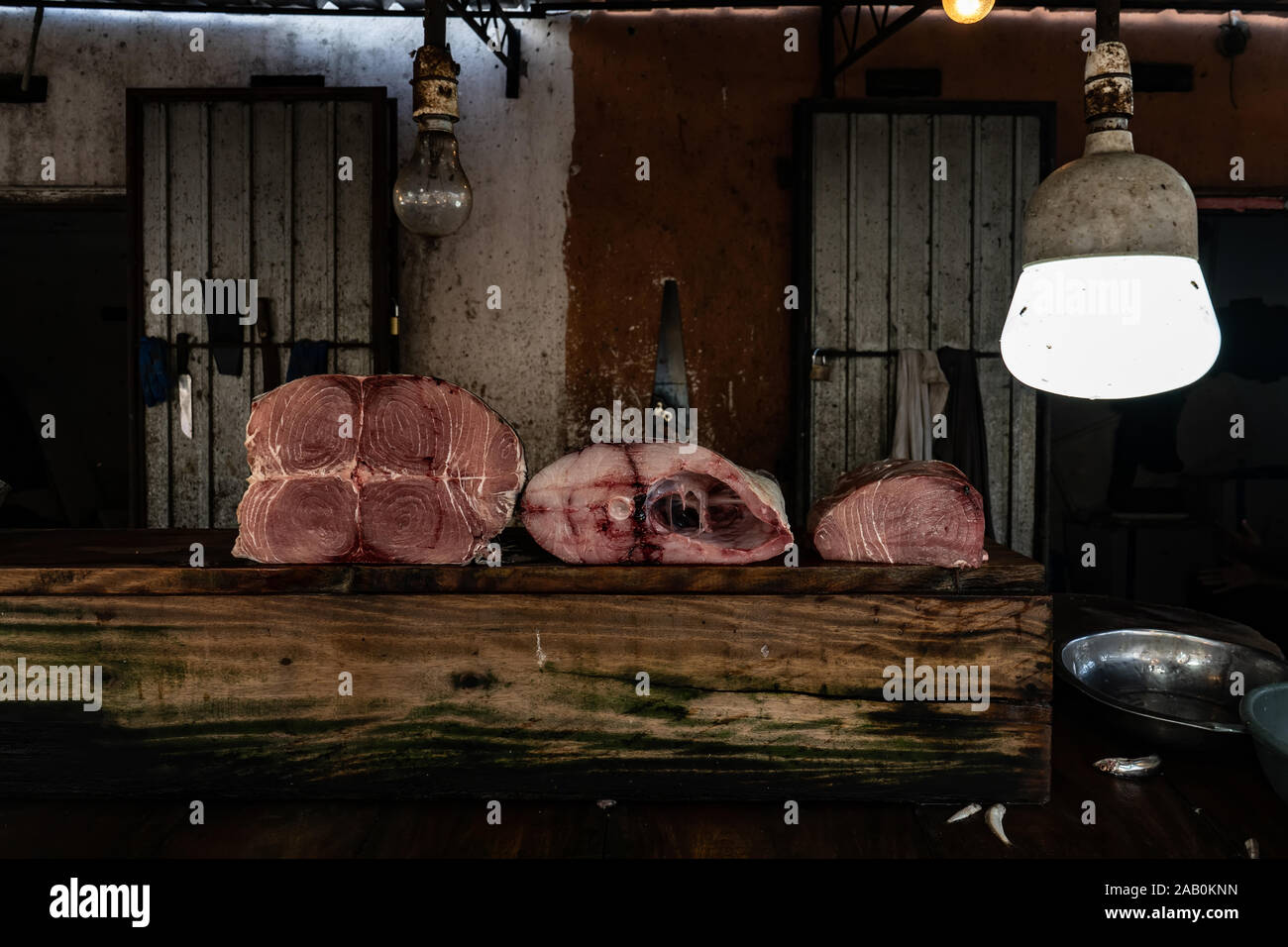 Street fish market. Carcass of sliced bluefin tuna on the table Stock ...