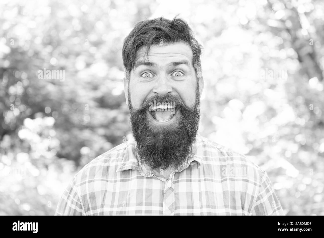 Im a happy guy. Happy bearded man with big smile on summer day ...