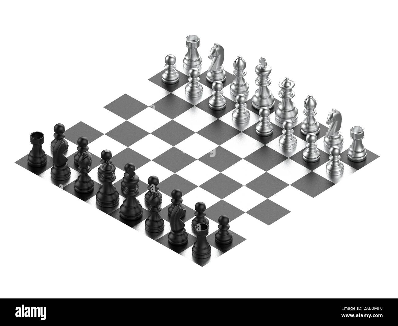 3d chess board white and black pieces chrome board on white background ...