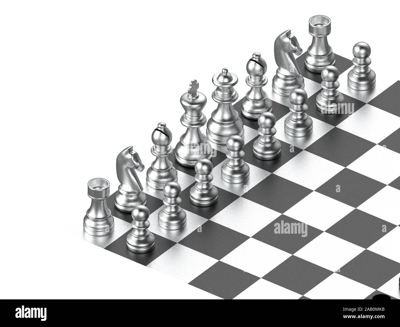 3d chess board white and black pieces chrome board on white background ...